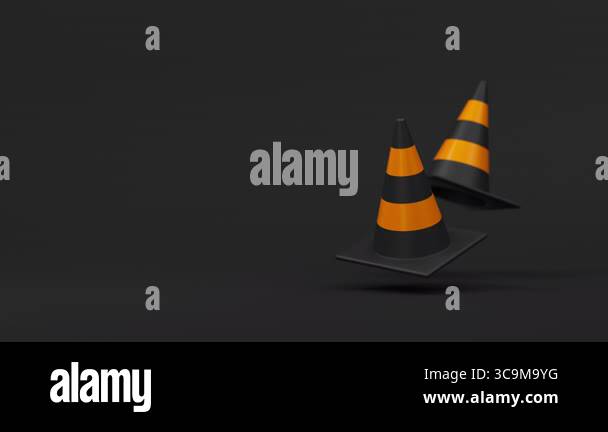 Floating pair of orange black traffic cones on black background. Safety ...