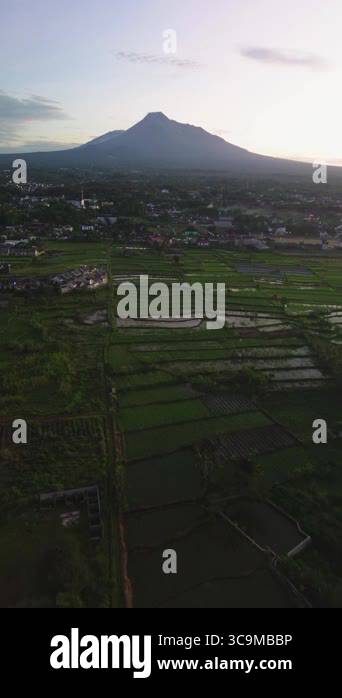 Aerial view of a volcano in the dark sky with green rice fields in the ...