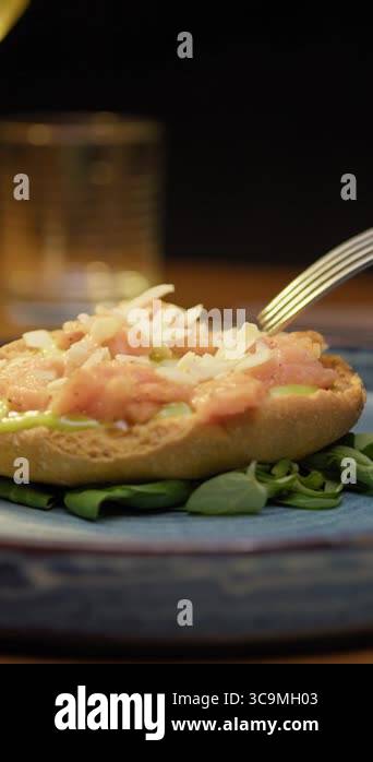 Small Kind Of Gourmet Pizza With Fish Inside A Blue Dish At The ...