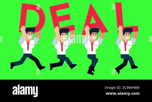 Animated businessmen running with red deal letters on green screen ...