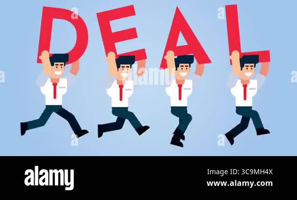 Animated businessmen running with red deal letters on blue background ...