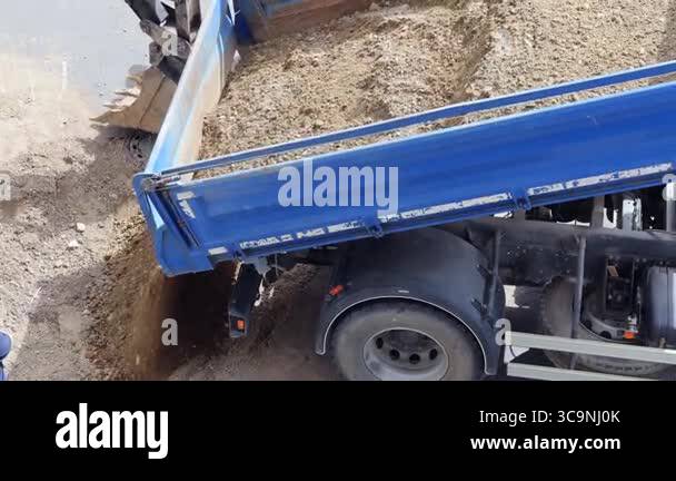Aerial View of Dump Truck Sand Gravel Dumping Road Construction Work ...