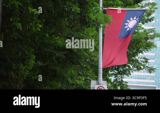 Slow motion of Taiwan's flag waving on a pole surrounded by lush green ...
