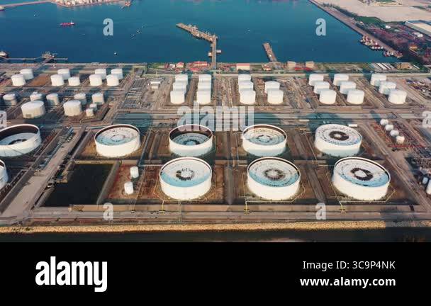 Aerial view or top view oil terminal. Crude oil storage tanks (storage ...