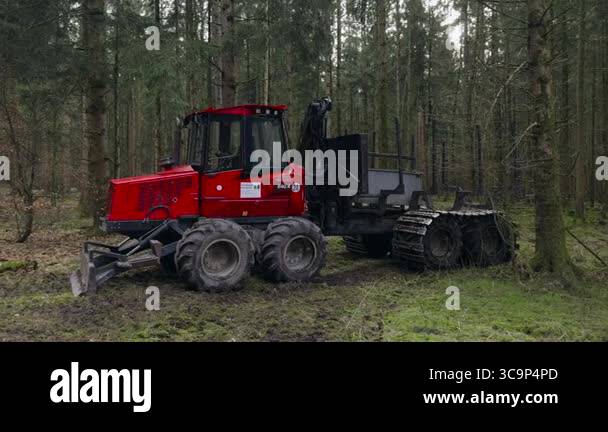 Powerful red forestry machine in a dense forest, designed for logging ...