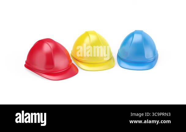 Three safety helmets in different colors on white background Stock ...