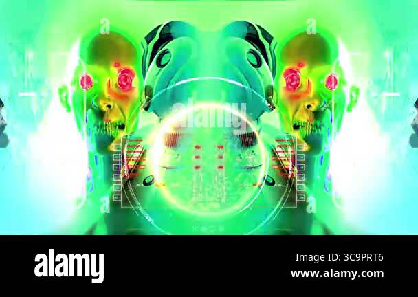 Mirrored robot heads with glowing eyes pulse with vibrant, changing ...