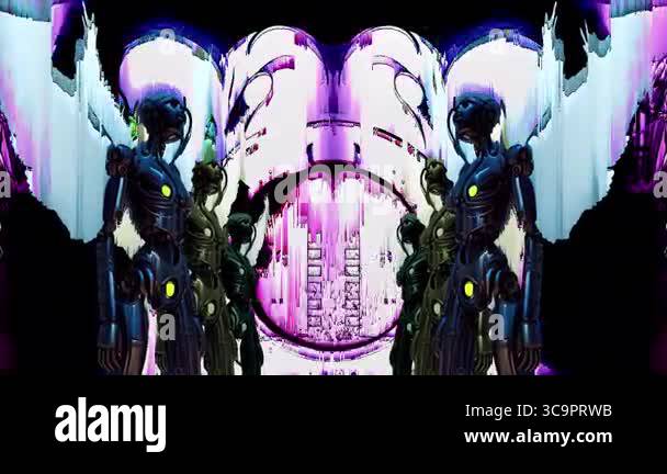 Glitch art video of dark robotic or alien figures. The animated background and digital ...
