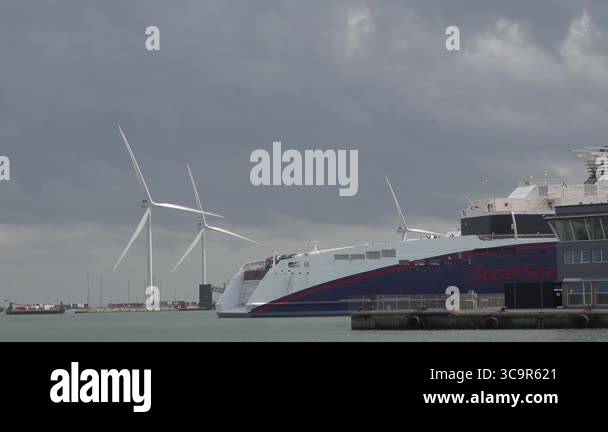 Hirtshals, Denmark A large passenger ferry in the harbour with wind ...