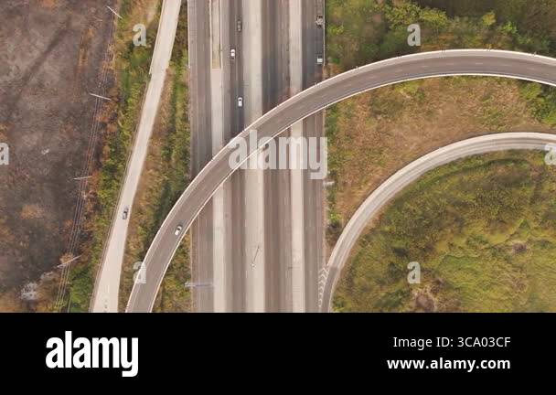 Aerial view drone footage of a complex bridge intersection where ...