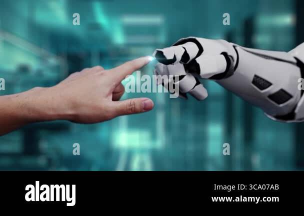 Robot and human reaching hand and pointing finger with DNA holographic ...