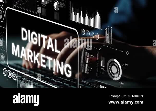Hands Typing on Keyboard with Digital Marketing Graphics and Data ...
