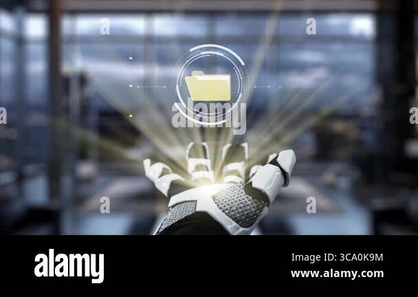 A robotic hand reaches out to interact with digital file icons in a ...