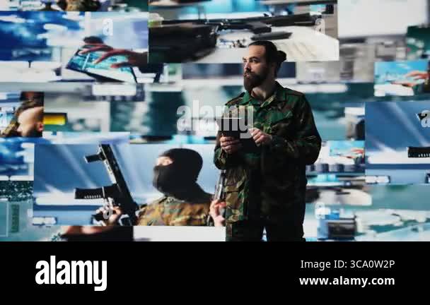 Military officer engaged in tactical command and surveillance activity ...