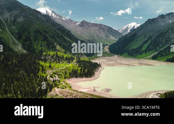 Beautiful aerial drone scenery of the mountain lake and green hills ...