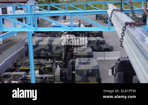 Steel structure for a military base. Construction site, steel frame of ...