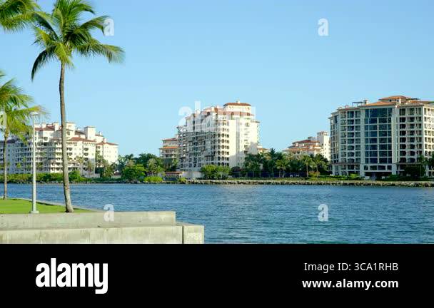 Miami Beach 8k background. View of Fisher Island seen from South Pointe ...