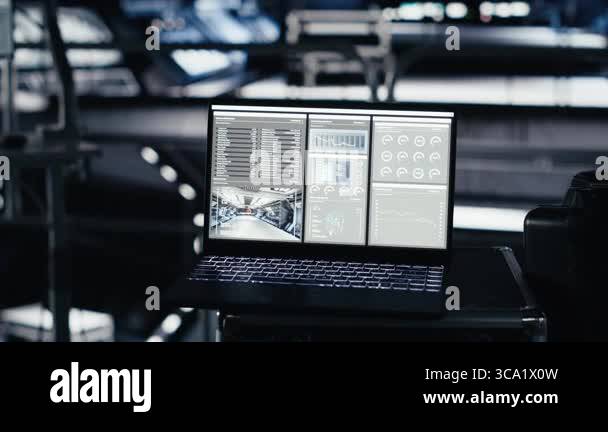 Laptop in space station displaying detailed mission analytics panel ...