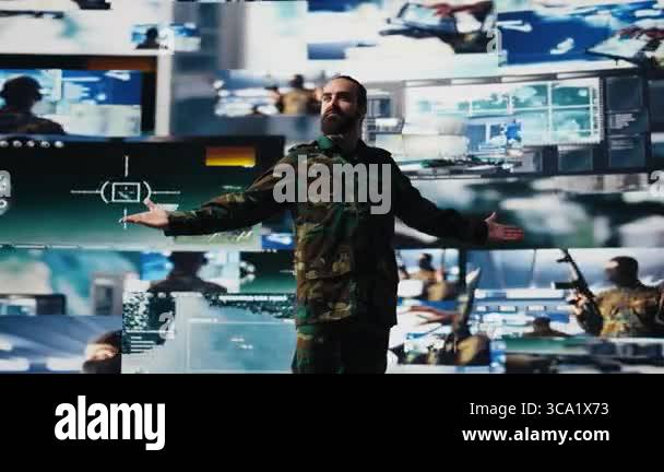 Military soldier satisfied with data collected from surveillance ...