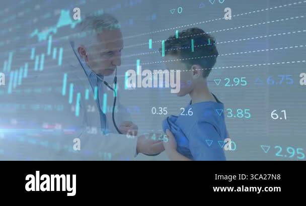 Doctor asking boy lifting gown placing scope on chest monitoring heart ...