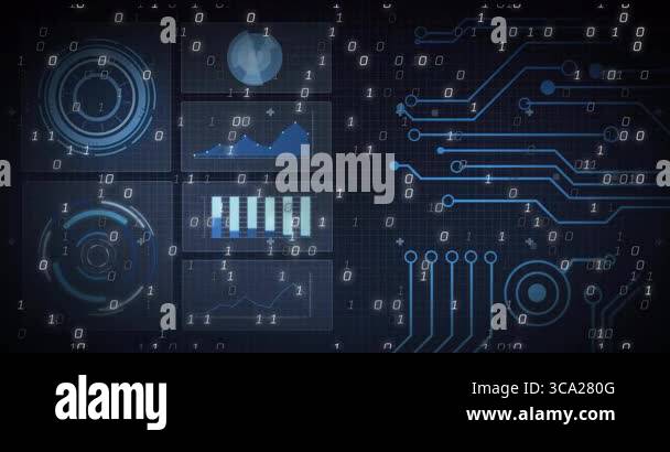 Binary digits drifting across grid starting gauges moving charts animating circuit-trace pulsing ...