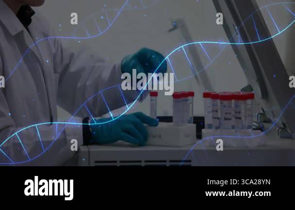 Lab sample handling being animated in 3D, with gloved hands, red-capped vials, floating DNA ...
