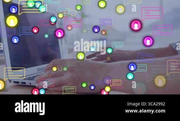 Woman typing on laptop at desk, floating chat bubbles and avatar icons ...