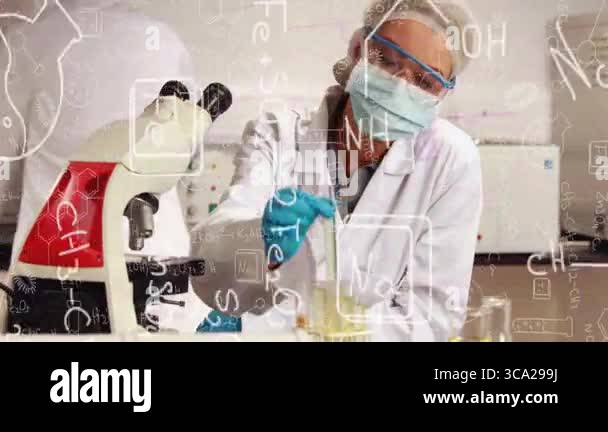 Lab technician leaning over microscope in health lab, showing animated ...