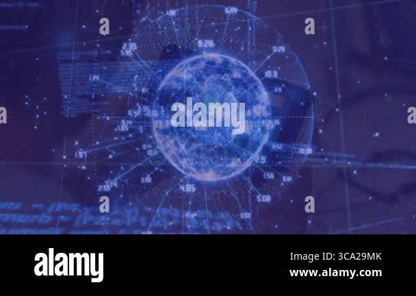 On system startup holographic globe rotating and nodes pulsing while visualizing data ...