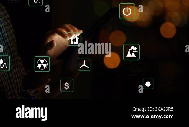 Adult male tapping home energy icon tablet then tapping solar wind ...
