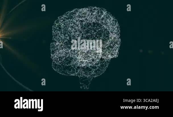 Lines forming 3D brain rotating with golden light tracing orbit ...