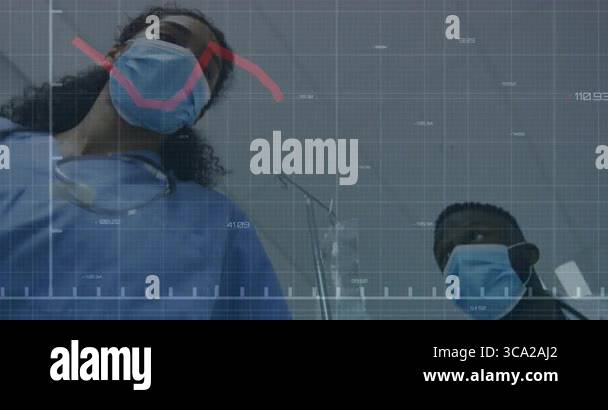 Nurse adjusting IV clamp after grid overlay and red graph drop, doctor ...