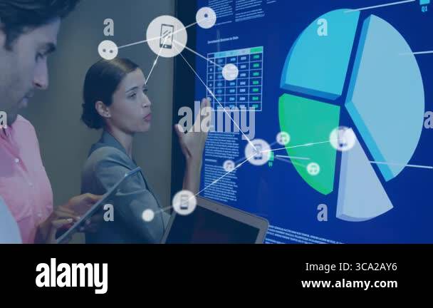 Woman tapping pie chart slice causing phone icons appearing and linking nodes in business demo ...