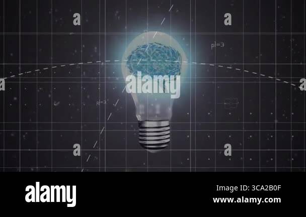 Glowing bulb pulsing blue, starting brain rotation, sweeping curve and ...