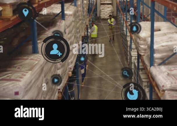 Logistics team scanning stock with scanner and activating floating ...