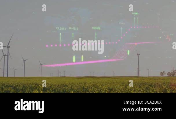 Pink dotted line starting above wind turbines tracing energy trends ...