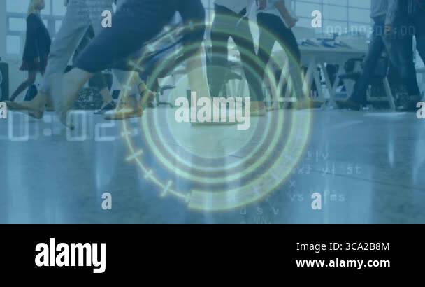 Office workers stepping unison on terrazzo floor, advancing timecode ...