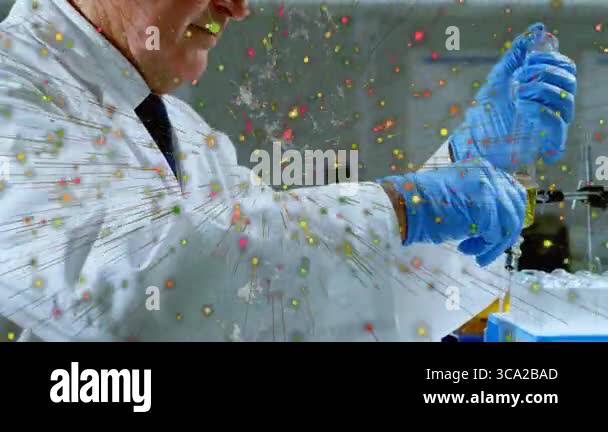 Scientist securing funnel dispensing solution into tubes for analysis ...