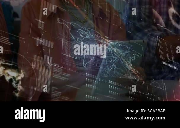 Three seniors collaborating on data analysis, tablet activating holographic map interacting ...