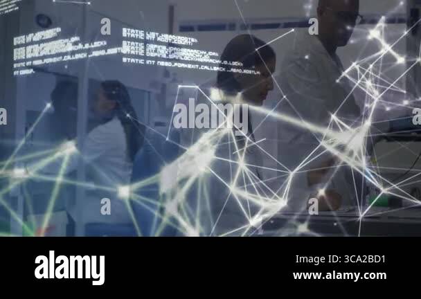 Scientists in lab reviewing tablet spawning network code then showing ...