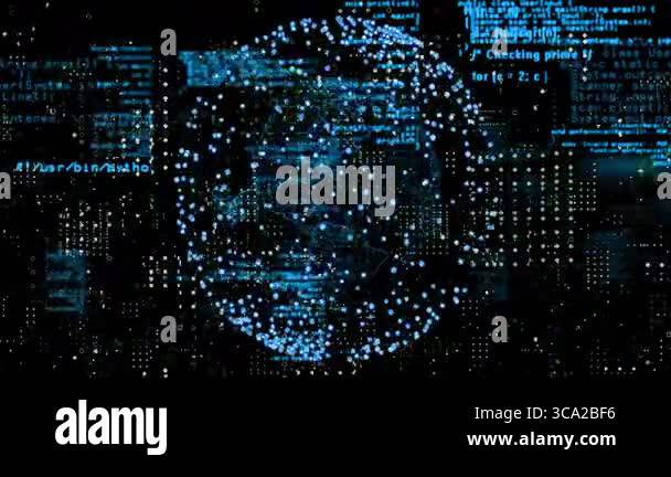 Glowing digital globe emerging from void, streaming code fragments ...