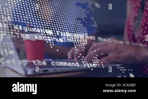 Developer typing laptop commands overlaying map while colleague ...