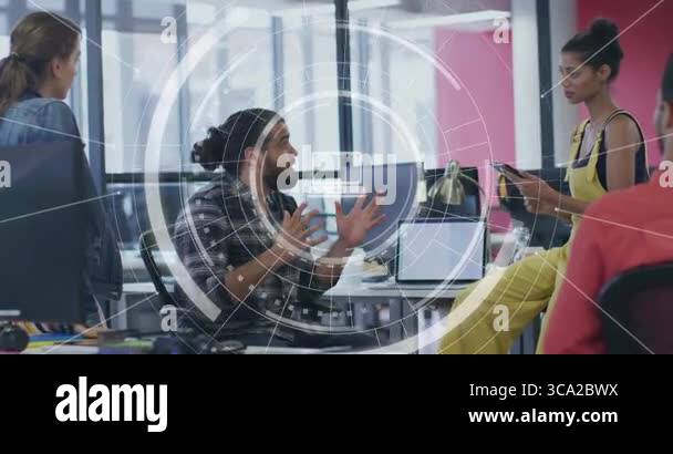 woman tapping smartphone and initiating animated data icons swirling ...