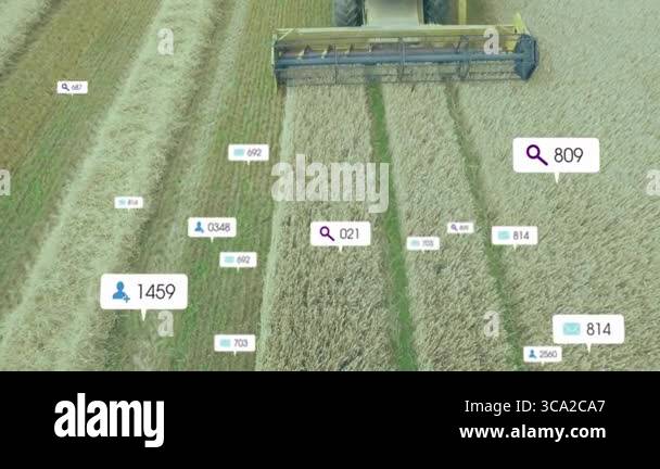 Combine harvester header harvesting wheat field, showing digital search ...