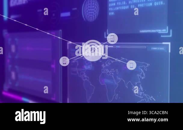 Translucent circle appearing triggers nodes connecting and pulsing across map UI showing network ...