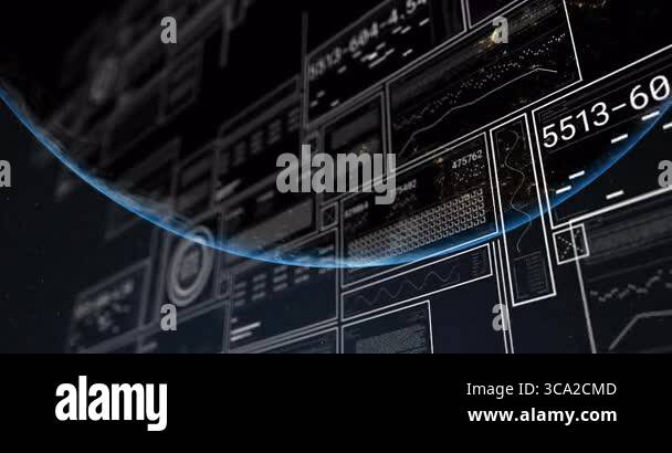 Blue arc sweeping view triggers digital panels activating, displaying live orbital data. Space ...