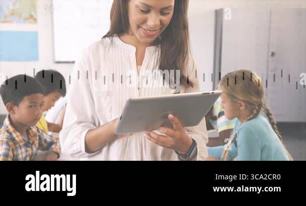 Teacher tapping and swiping tablet as students writing, waveform ...