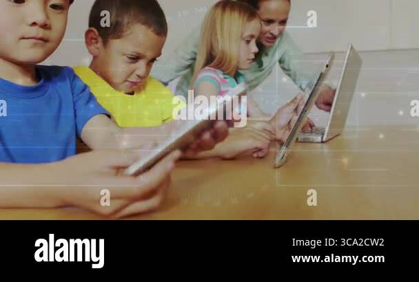 Children tapping tablets at table initiating learning with overlay ...
