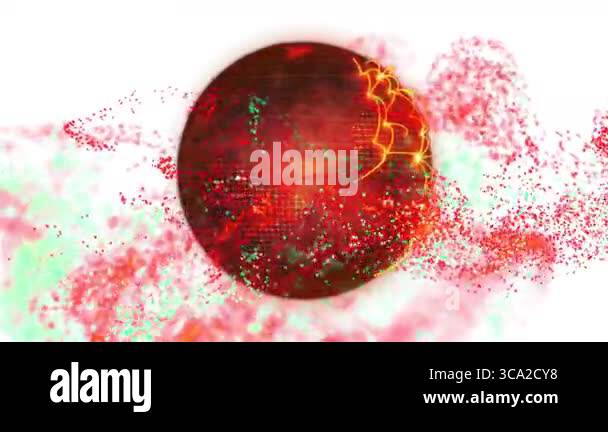 Dark red sphere glowing with neon orange loops in 3D render with ...