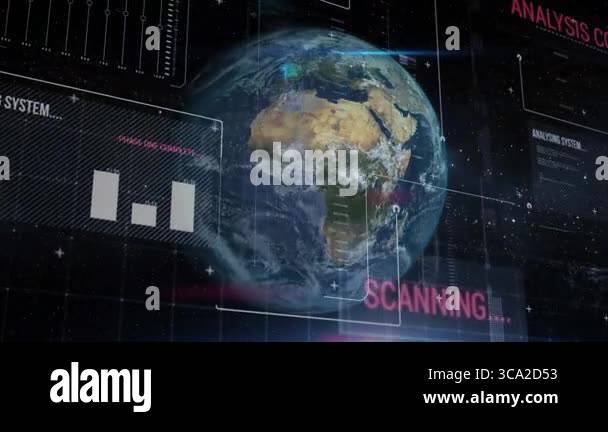 UI panels driving scanning overlay on rotating Earth, updating bar ...